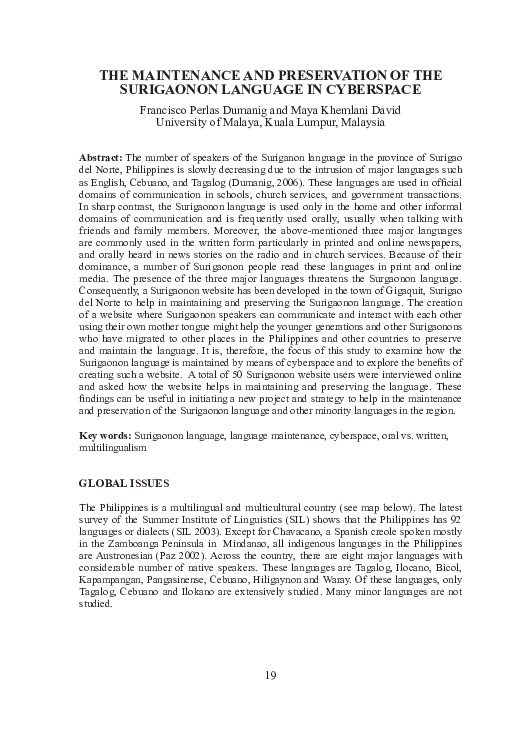 (PDF) THE MAINTENANCE AND PRESERVATION OF THE SURIGAONON LANGUAGE IN ...