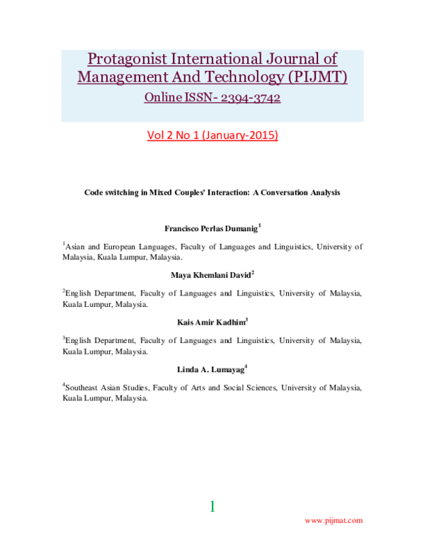 (PDF) Code switching in Mixed Couples' Interaction: A Conversation Analysis