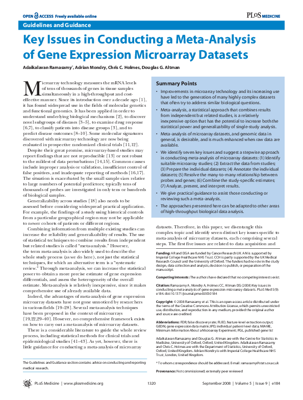 (PDF) Key Issues in Conducting a Meta-Analysis of Gene Expression Microarray Datasets