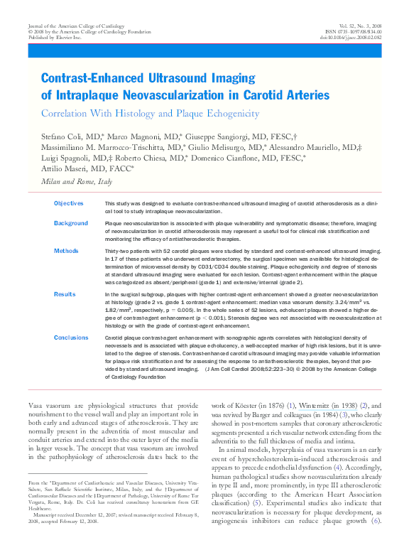 (PDF) Contrast-Enhanced Ultrasound Imaging of Intraplaque Neovascularization in Carotid Arteries