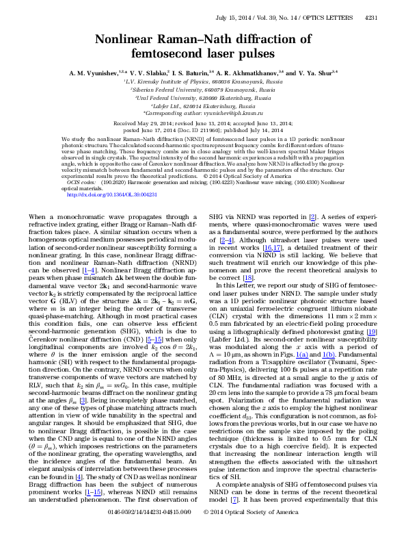 (PDF) Nonlinear Raman–Nath diffraction of femtosecond laser pulses