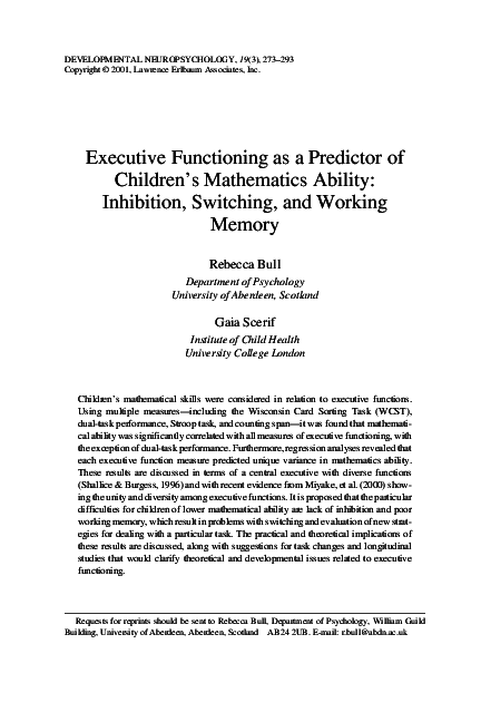 (PDF) Executive functioning as a predictor of children's mathematics ability: Inhibition ...