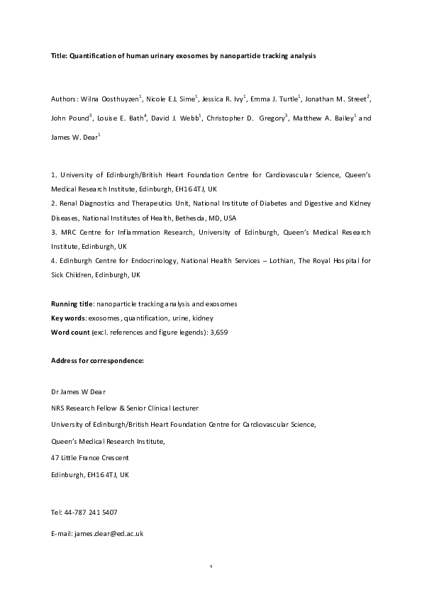 Pdf Quantification Of Human Urinary Exosomes By Nanoparticle Tracking