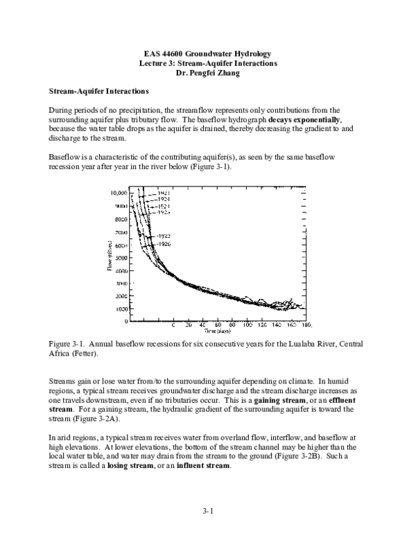 EAS 44600 Groundwater Hydrology Lecture 3: Stream-Aquifer Interactions