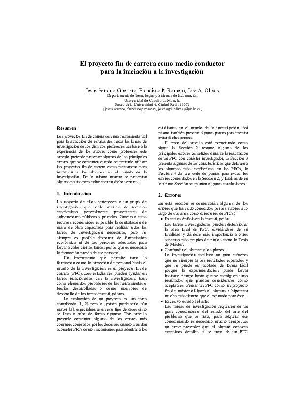 El proyecto fin de carrera como medio conductor para la iniciación a la investigación