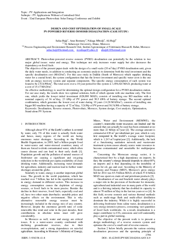 Pdf Design And Cost Optimization Of Small Scale Pv Powered Reverse Osmosis Desalination Case
