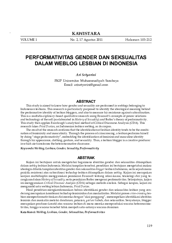 (PDF) PERFORMATIVITAS GENDER DAN SEKSUALITAS DALAM WEBLOG LESBIAN DI ...