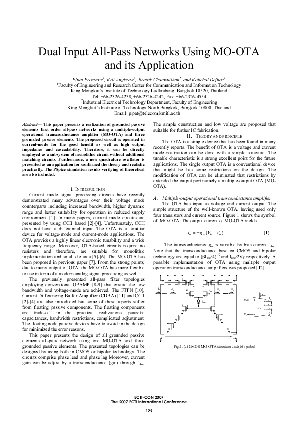 Pdf Dual Input All Pass Networks Using Mo Ota And Its Application