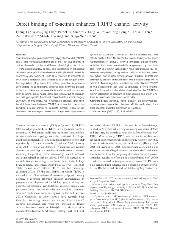 (PDF) Direct binding of α-actinin enhances TRPP3 channel activity