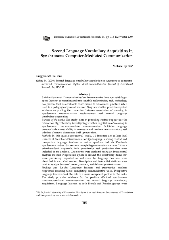 (PDF) Second language vocabulary acquisition in synchronous computer-mediated communication