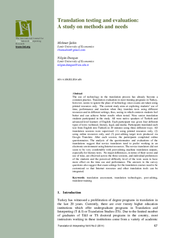(PDF) Translation testing and evaluation: A study on methods and needs