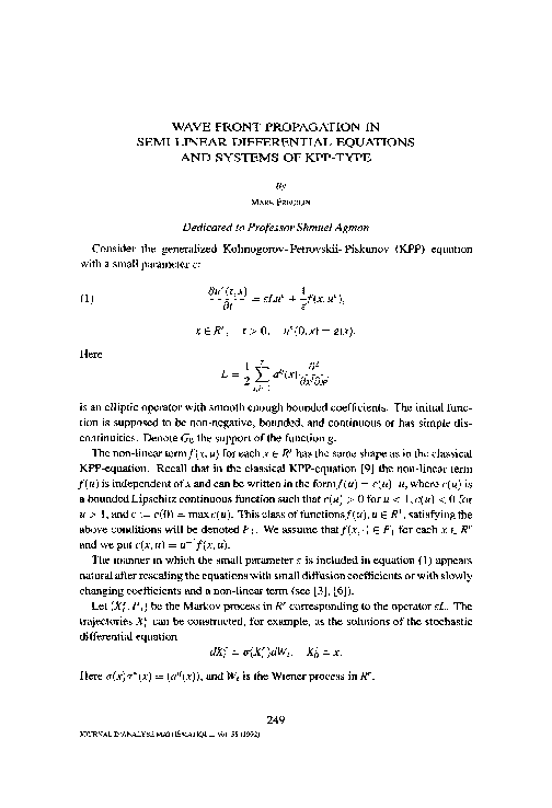 Pdf Wave Front Propagation In Semi Linear Differential Equations And Systems Of Kpp Type