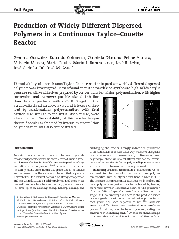 (PDF) Production of Widely Different Dispersed Polymers in a Continuous ...