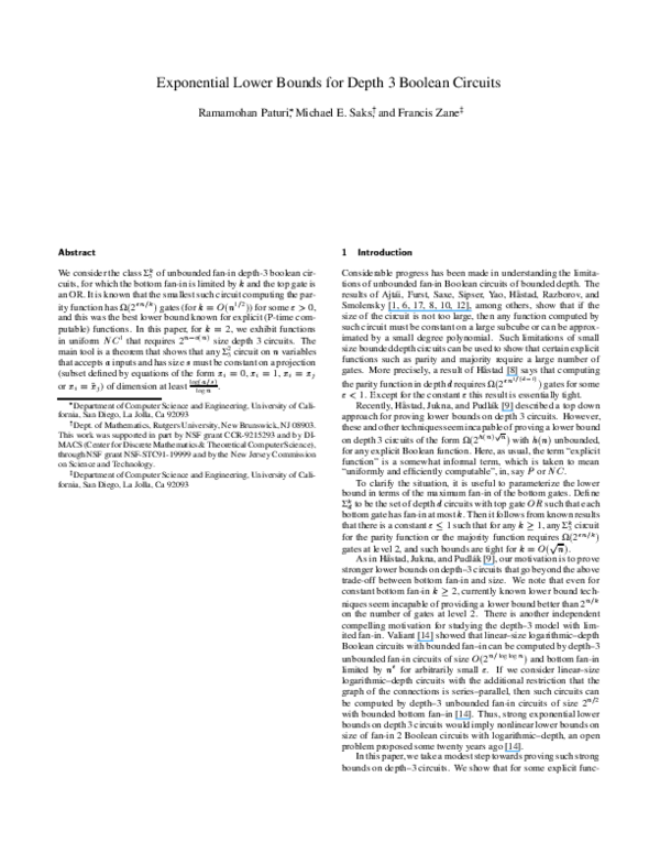Pdf Exponential Lower Bounds For Depth 3 Boolean Circuits