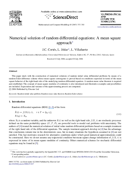 Pdf Numerical Solution Of Random Differential Equations A Mean Square Approach