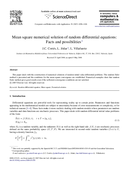 Pdf Mean Square Numerical Solution Of Random Differential Equations Facts And Possibilities