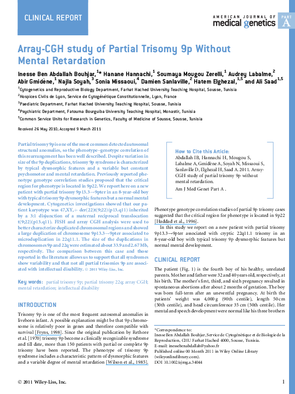 (PDF) Array-CGH study of partial trisomy 9p without mental retardation
