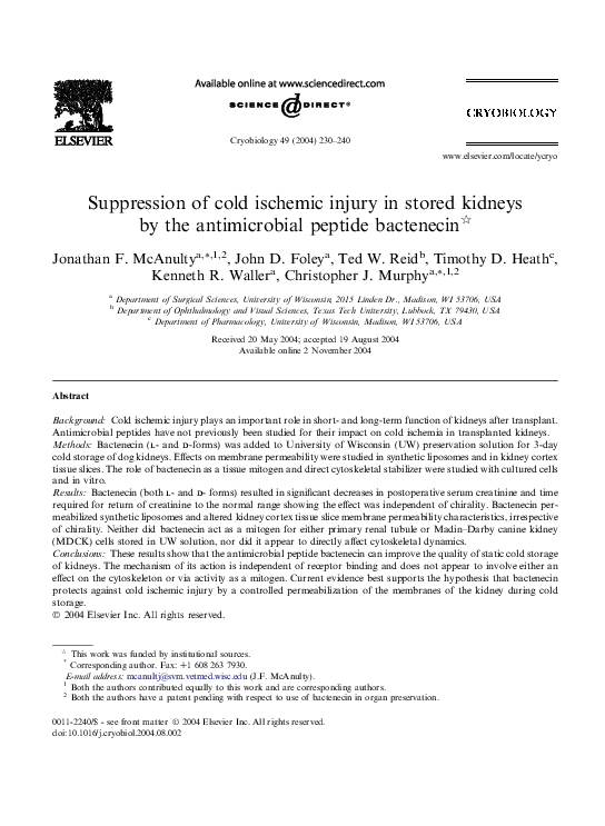 (PDF) Suppression of cold ischemic injury in stored kidneys by the ...