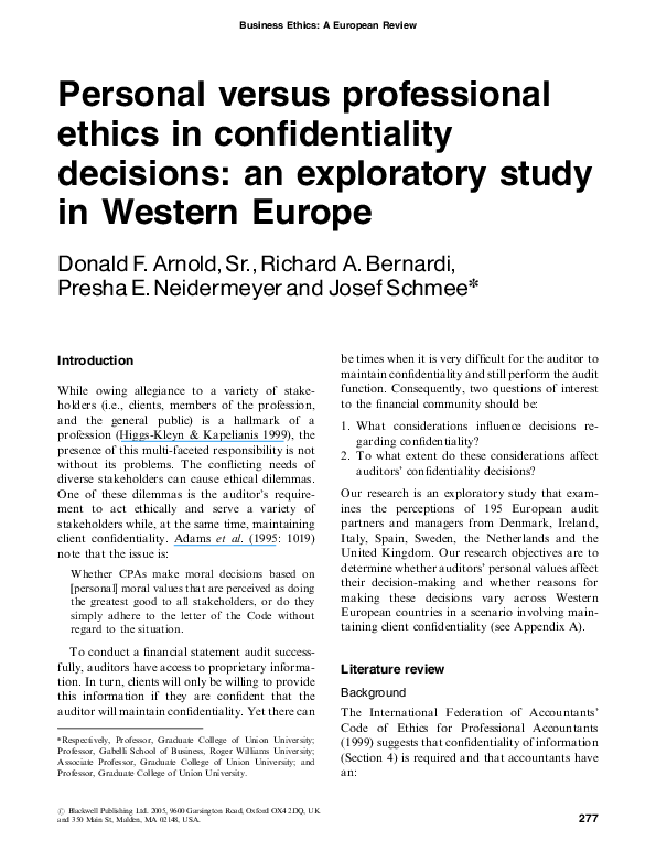 (PDF) Personal versus professional ethics in confidentiality decisions ...