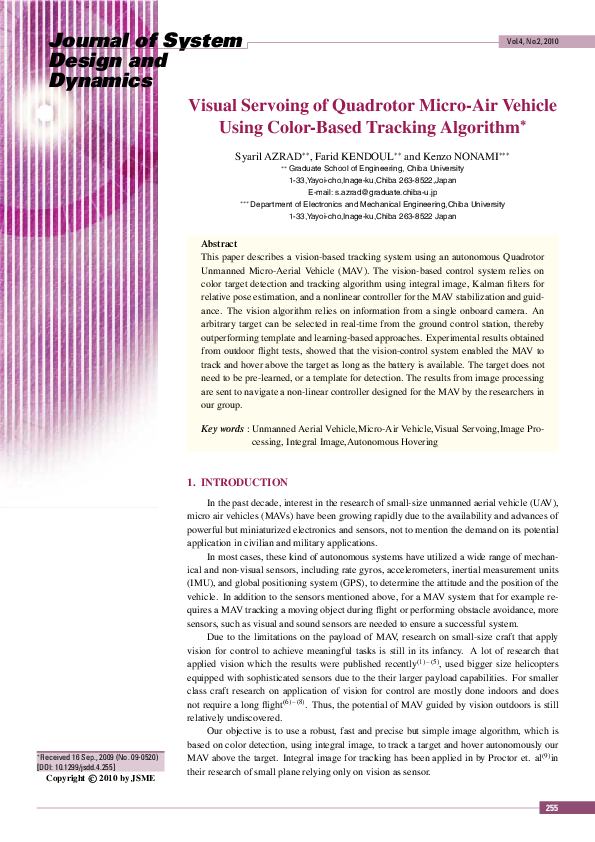 Pdf Visual Servoing Of Quadrotor Micro Air Vehicle Using Color Based Tracking Algorithm