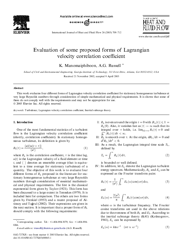 Pdf Evaluation Of Some Proposed Forms Of Lagrangian Velocity Correlation Coefficient