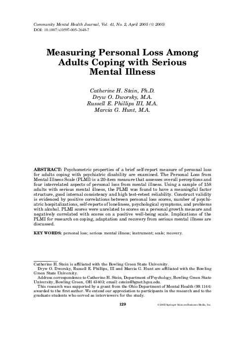 (PDF) Measuring Personal Loss Among Adults Coping with Serious Mental ...