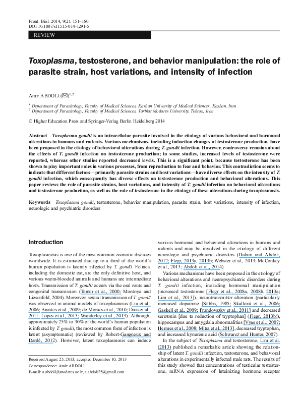 Pdf Toxoplasma Testosterone And Behavior Manipulation The Role Of