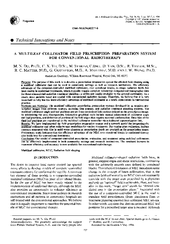 (PDF) A multileaf collimator field prescription preparation system for conventional radiotherapy
