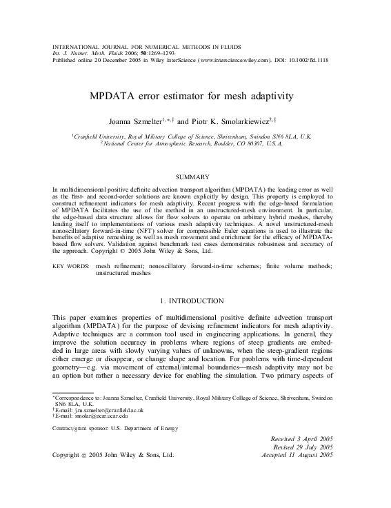 (PDF) MPDATA error estimator for mesh adaptivity