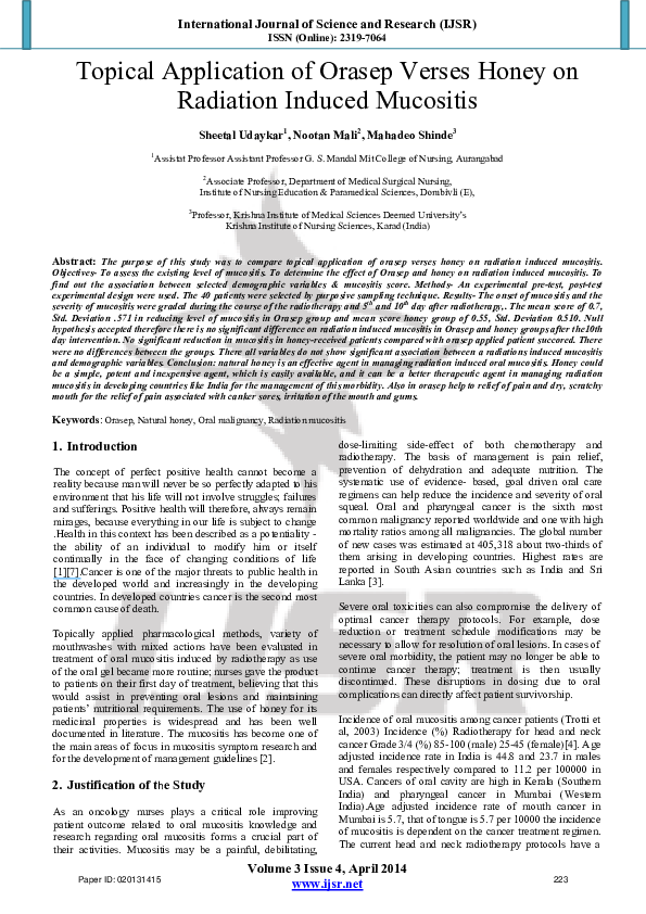 (PDF) Topical Application of Orasep Verses Honey on Radiation Induced ...
