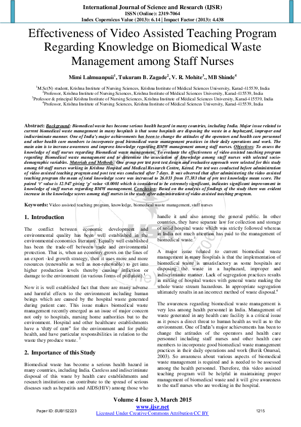 (PDF) Effectiveness of Video Assisted Teaching Program Regarding Knowledge on Biomedical Waste ...