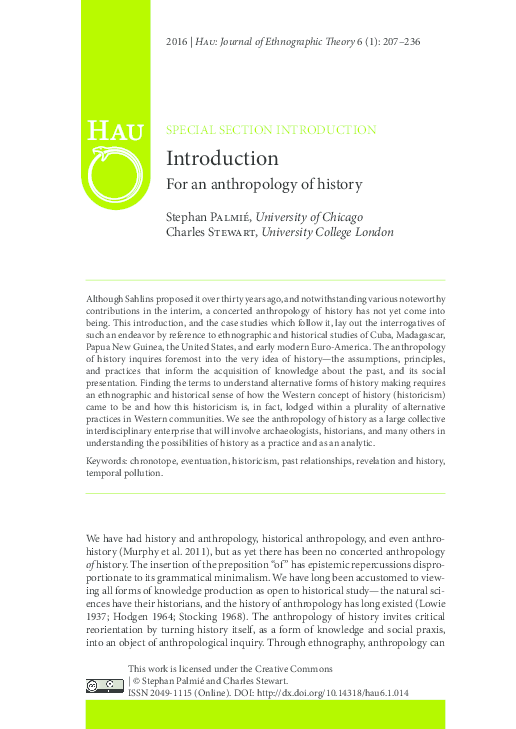 (PDF) For an Anthropology of History (by Stephan Palmié and Charles ...