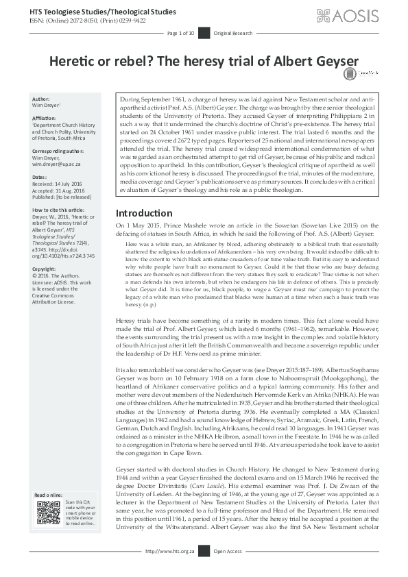 (PDF) THEOLOGIANS: HERETIC OR REBEL? THE HERESY TRIAL OF ALBERT GEYSER