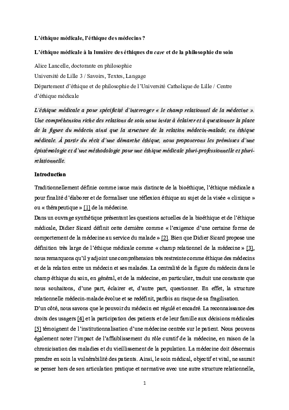 (PDF) L'éthique médicale, l'éthique des médecins