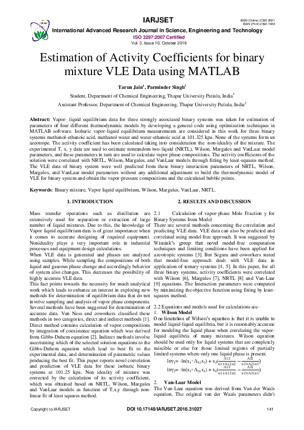 (PDF) Estimation of Activity Coefficients for binary mixture VLE Data using MATLAB