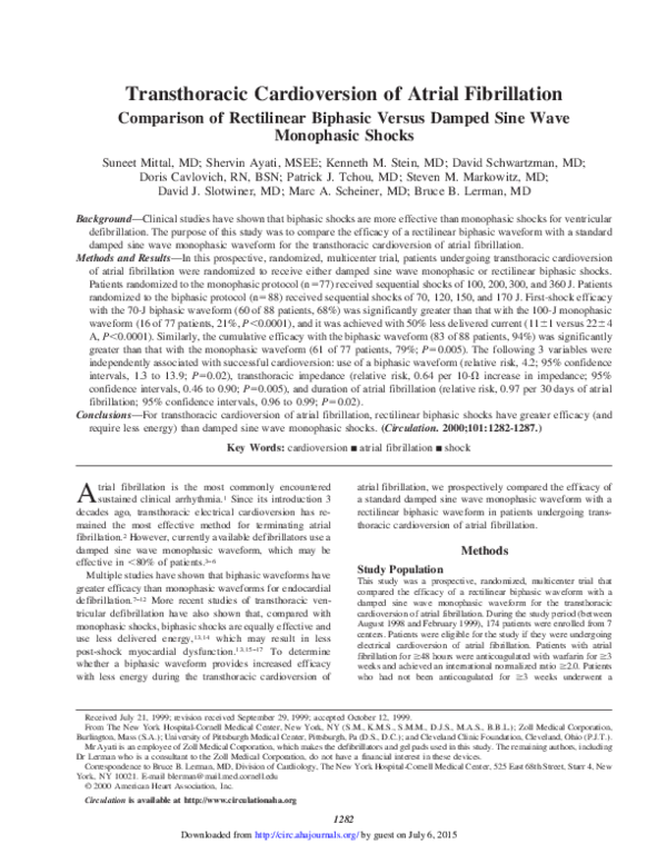 Pdf Transthoracic Cardioversion Of Atrial Fibrillation Comparison Of Rectilinear Biphasic