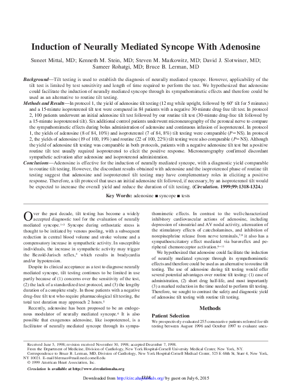 (PDF) Induction of Neurally Mediated Syncope With Adenosine