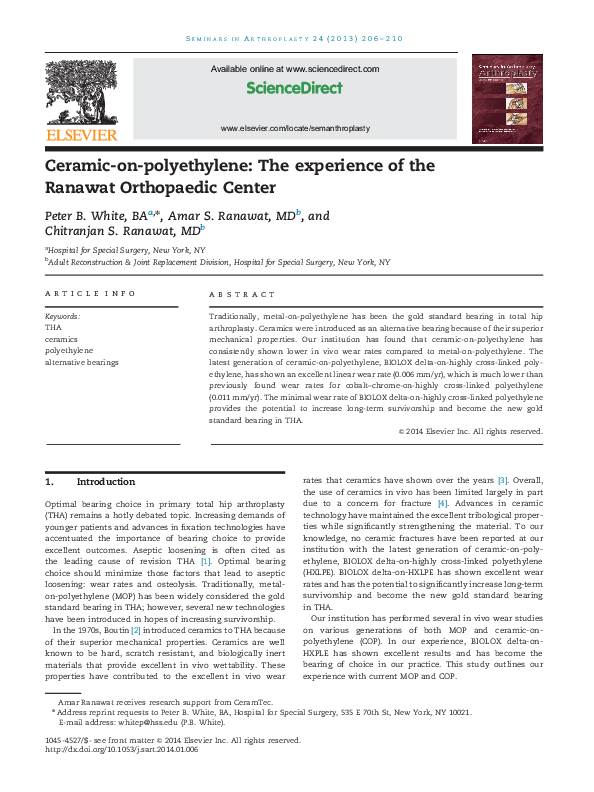 (PDF) Ceramic-on-polyethylene: The experience of the Ranawat ...