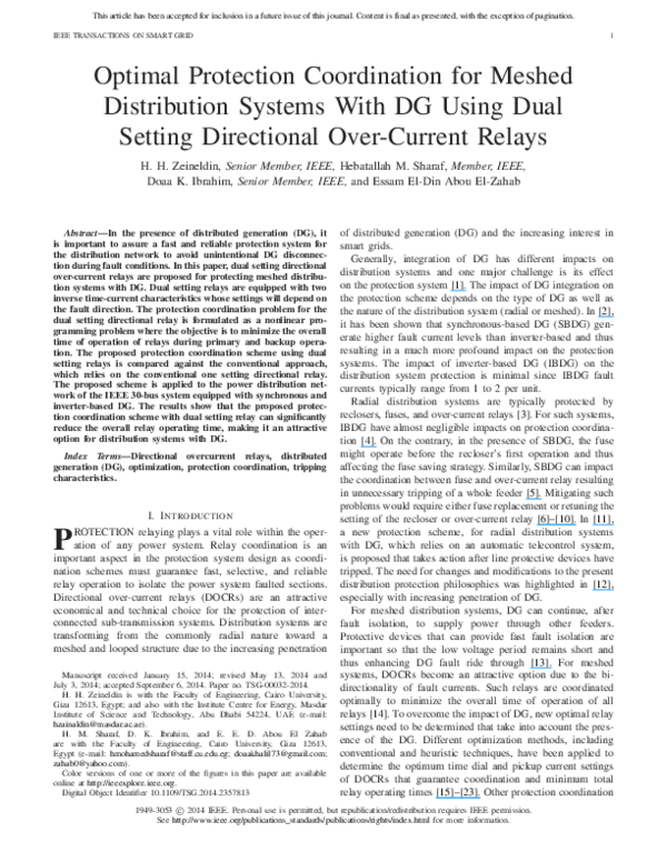 Pdf Optimal Protection Coordination For Meshed Distribution Systems