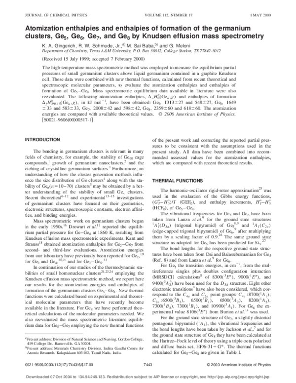 (PDF) Atomization enthalpies and enthalpies of formation of Ge 3 and Ge ...