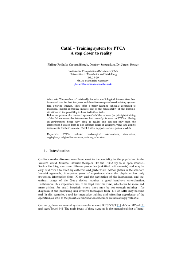 (PDF) CathI - Training System for PTCA. A Step Closer to Reality