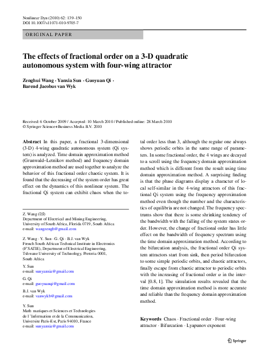 Pdf The Effects Of Fractional Order On A 3 D Quadratic Autonomous System With Four Wing Attractor