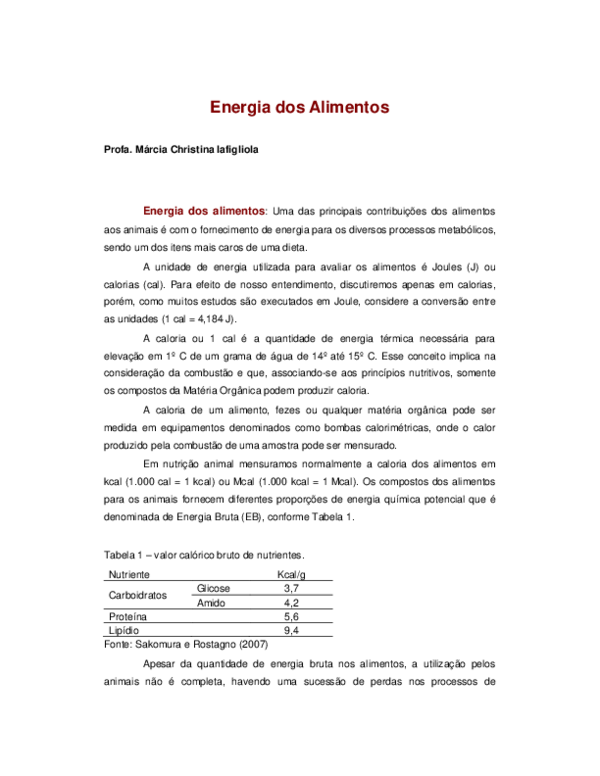 (PDF) Energia dos Alimentos