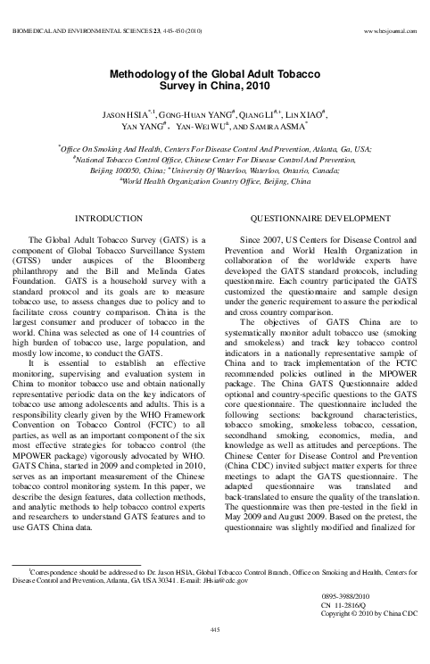 (PDF) Methodology of the Global Adult Tobacco Survey in China, 2010