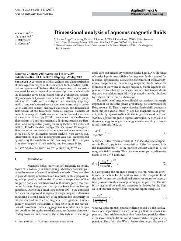 (PDF) Dimensional analysis of aqueous magnetic fluids