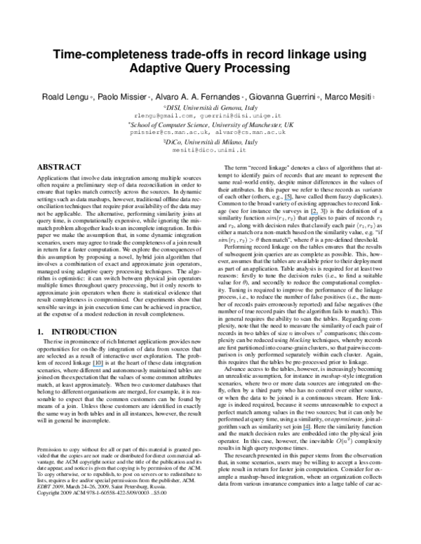 (PDF) Time-completeness trade-offs in record linkage using adaptive query processing