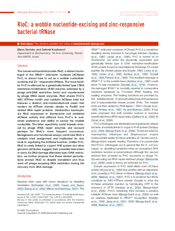 (PDF) RloC: a wobble nucleotide-excising and zinc-responsive bacterial ...