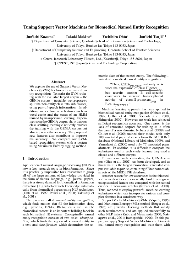 Pdf Tuning Support Vector Machines For Biomedical Named Entity Recognition