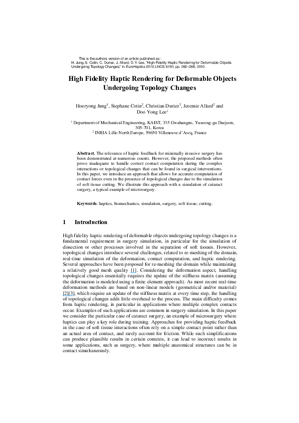 (PDF) High Fidelity Haptic Rendering for Deformable Objects Undergoing Topology Changes