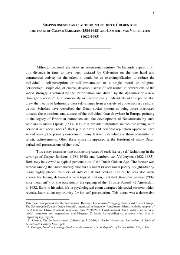 (PDF) Shaping oneself as an author in the Dutch Golden Age. The cases ...